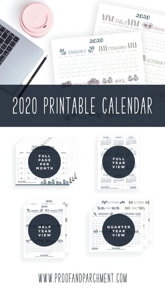 2020 Printable Calendar with Botanical Designs - Proof & Parchment