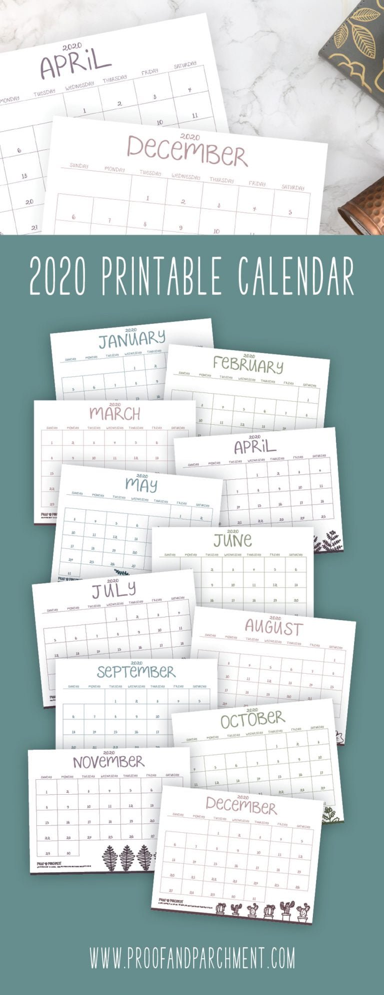2020 Printable Calendar with Botanical Designs - Proof & Parchment