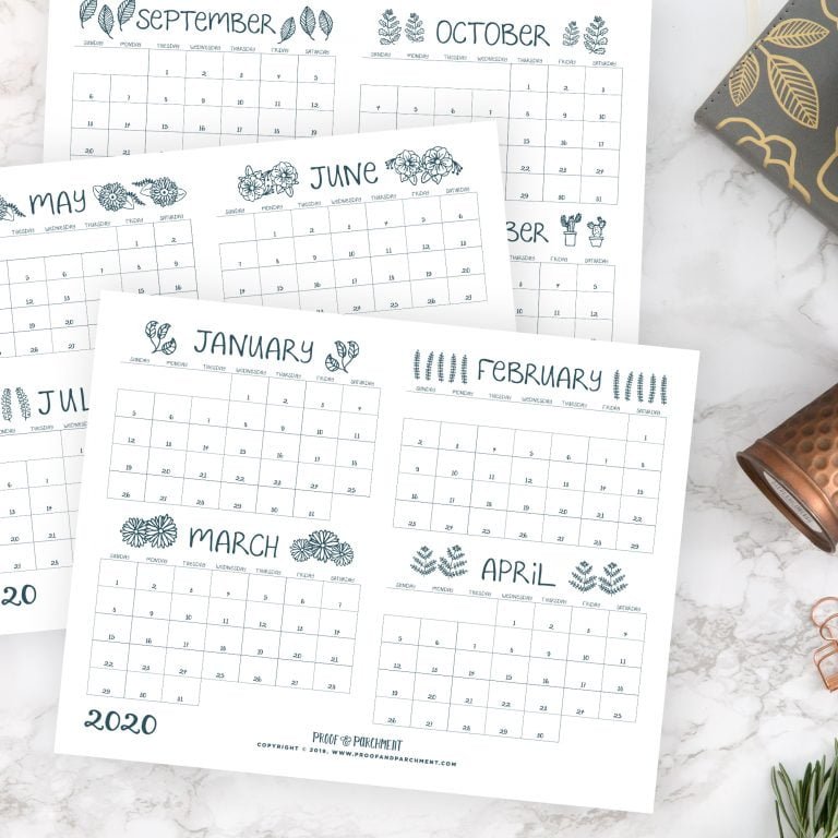 2020 Printable Calendar with Botanical Designs - Proof & Parchment
